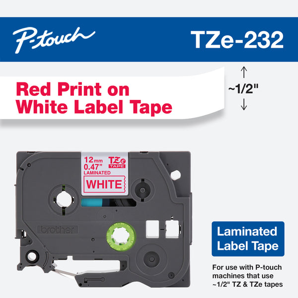 TZe232 Brother 1/2" Red on White Tape - Genuine Brother TZ Tape – Image ...